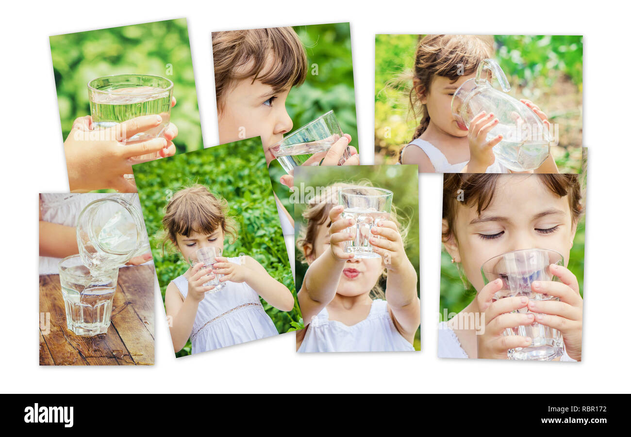 Collage child glass of water. selective focus Stock Photo - Alamy