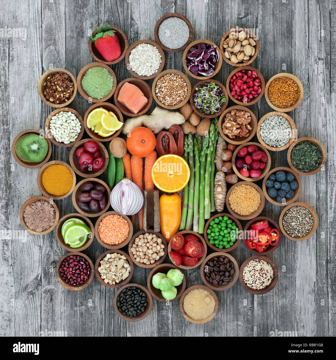 Health food for a healthy life concept including fresh fish, fruit ...