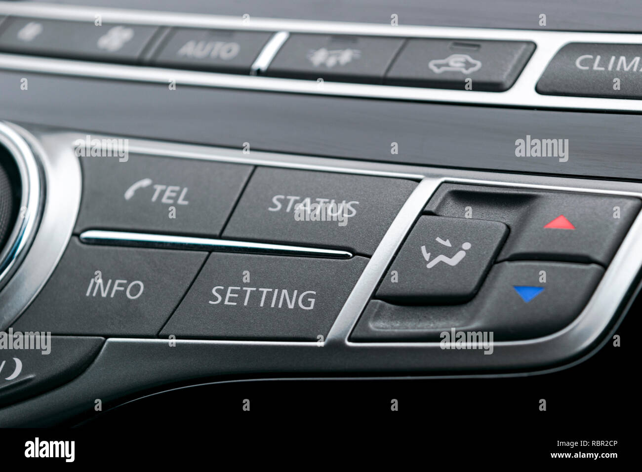 Luxury car inside. Interior of prestige modern car. Black perforated ...