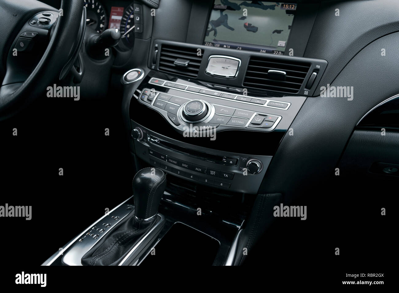 Luxury car inside. Interior of prestige modern car. Automatic ...