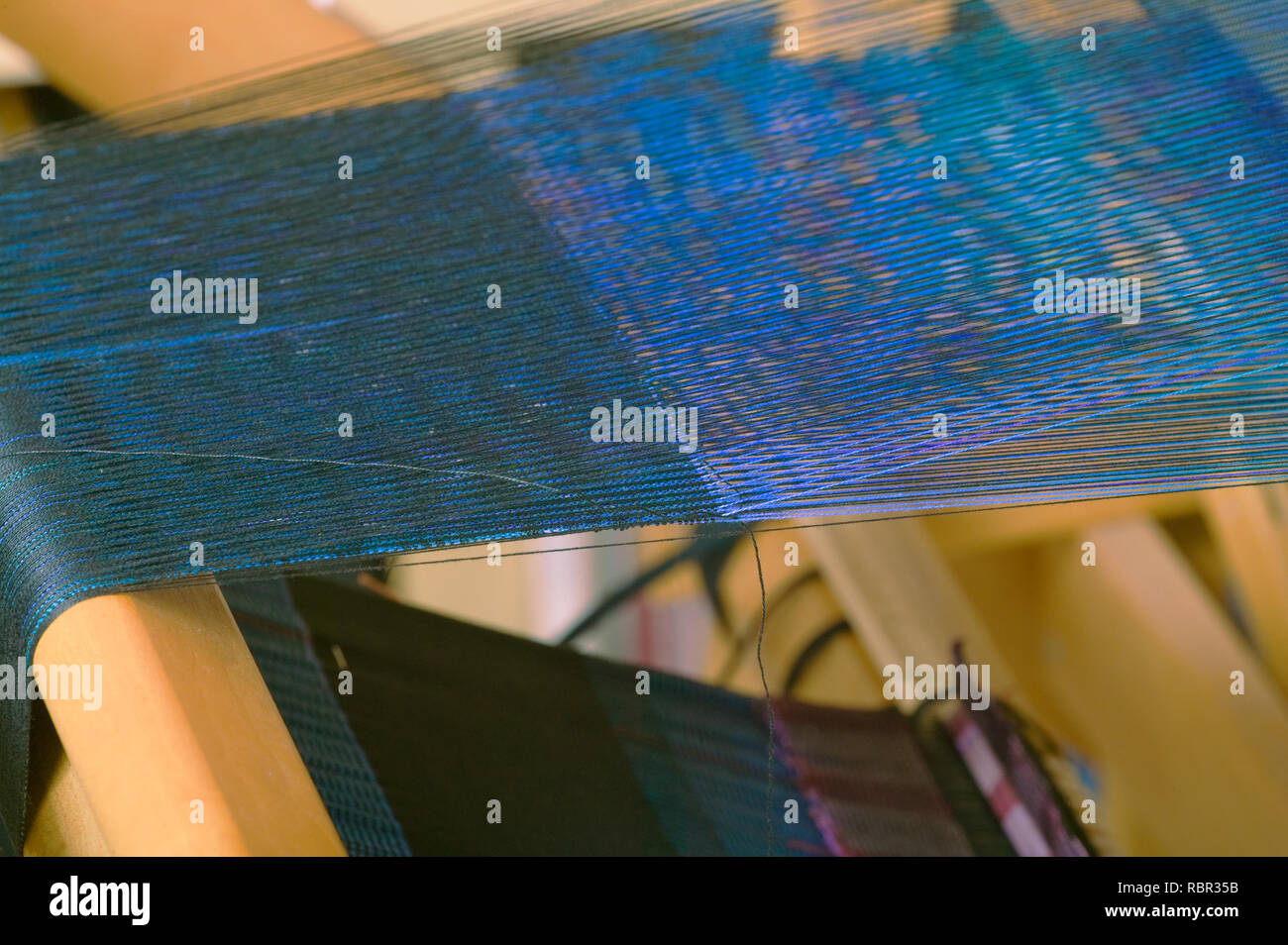 Close-up of a textile that is a double-layer double weave, blue and ...