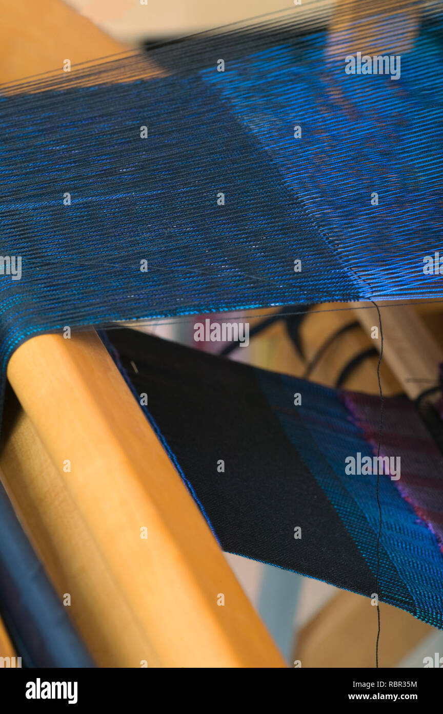 Close-up of a textile that is a double-layer double weave, blue and ...