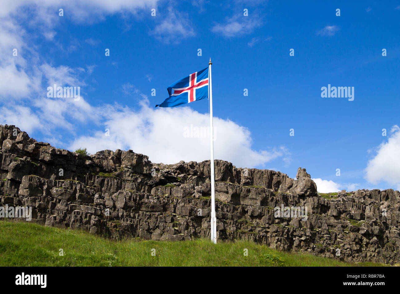 Iceland flag that waves in wind, Icelandic flag view Stock Photo - Alamy