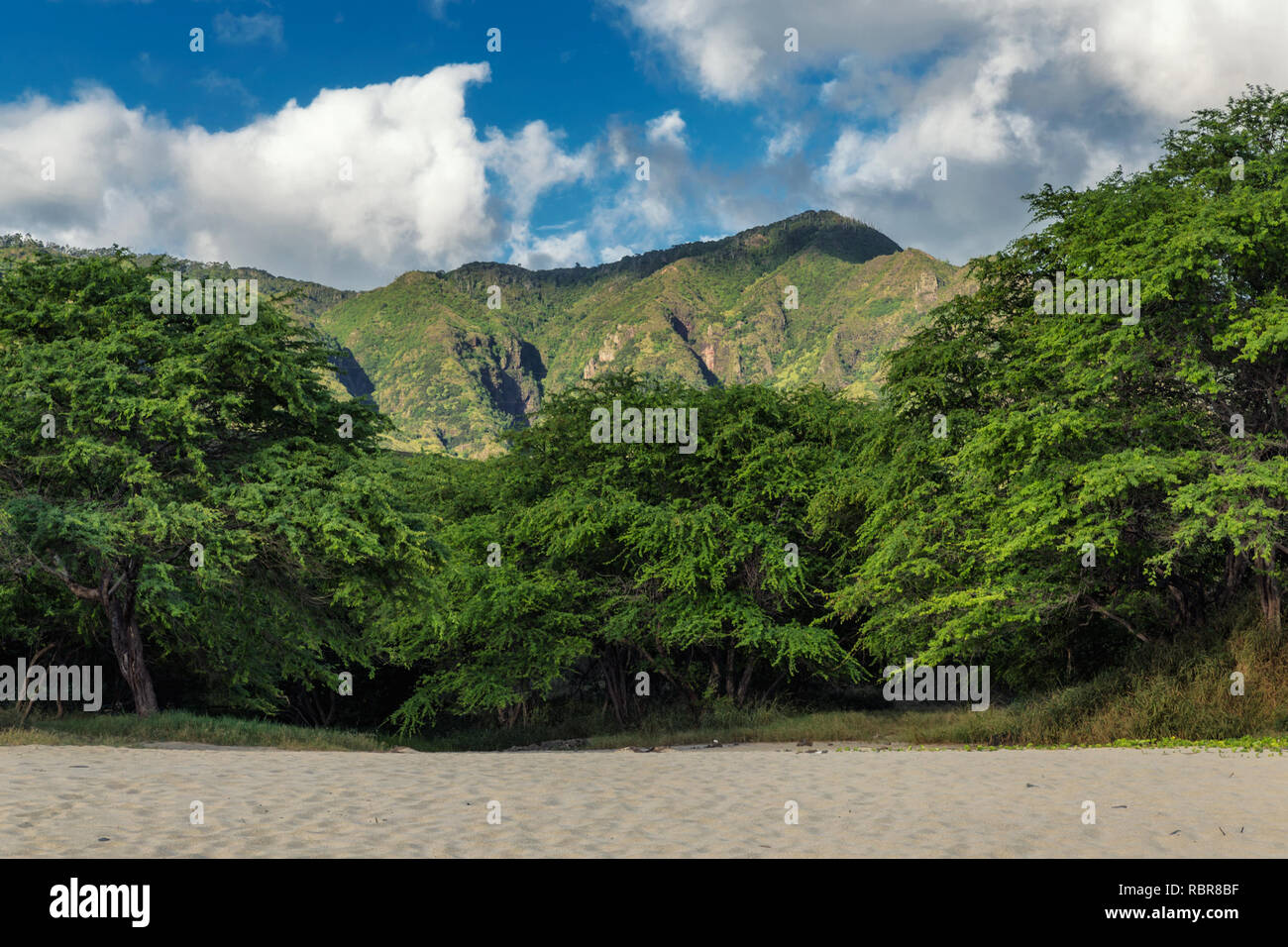 Makua beach view with beatiful mountains and cloudy sky in the ...