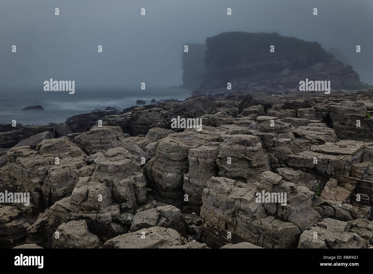 Rocky coastline and high cliffs hidden in mist, dramatic landscape ...