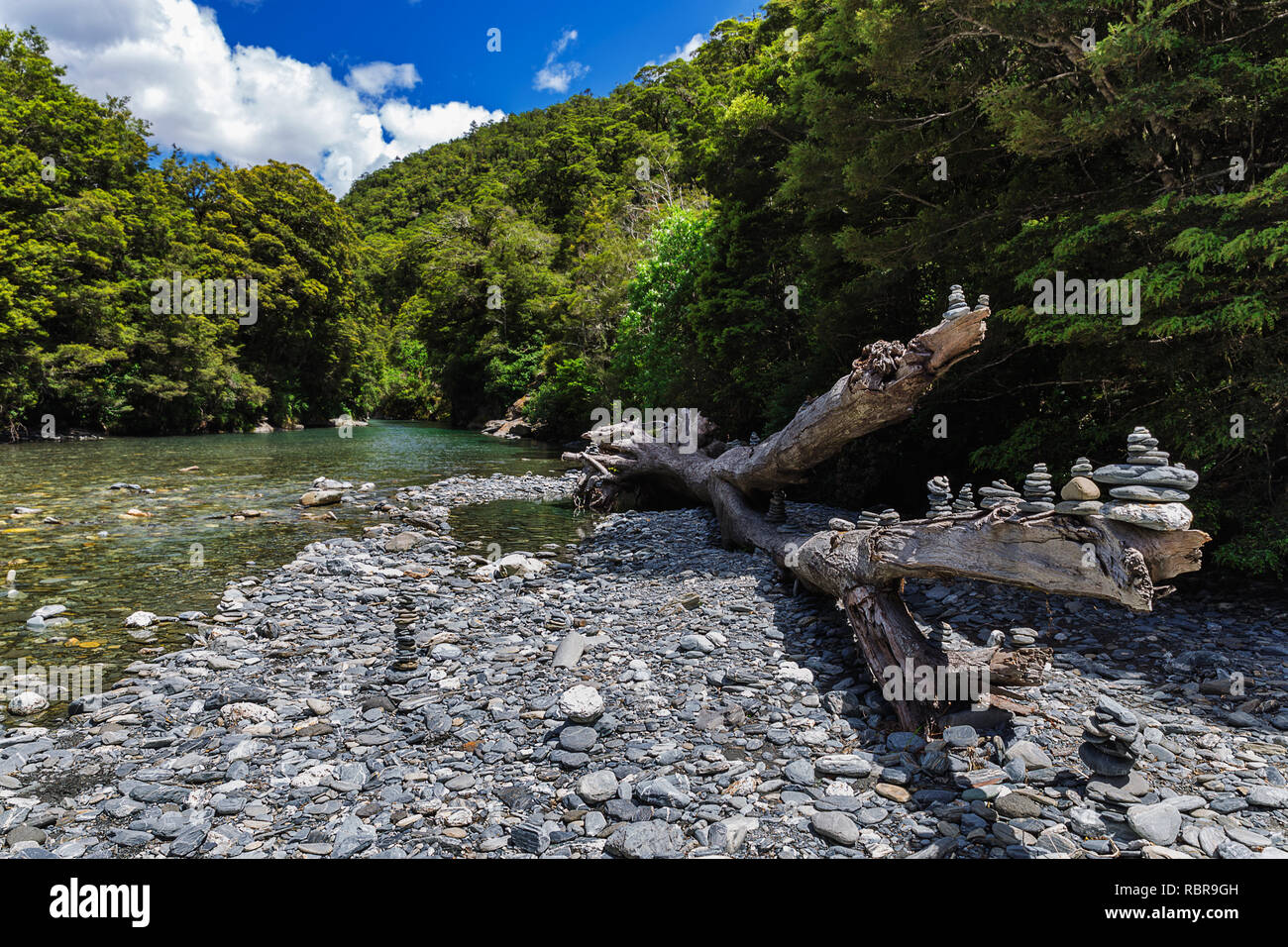 Old tree and stone pyramids near Fantail Falls on South Island, New ...