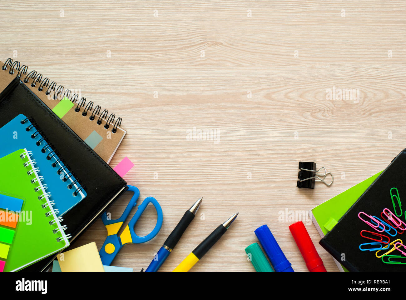 School and office stationery at table. Top view with copy space Stock ...