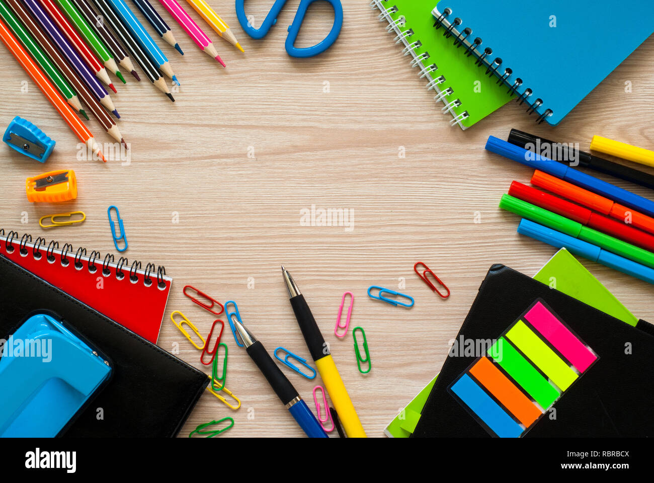 School and office stationery at table. Top view with copy space Stock ...