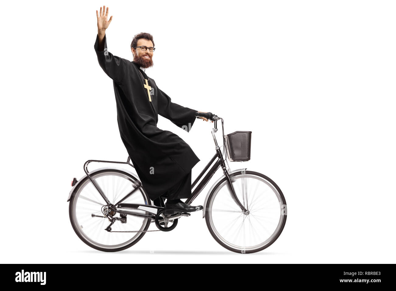 Full length shot of a priest riding a bicycle and waving isolated on ...