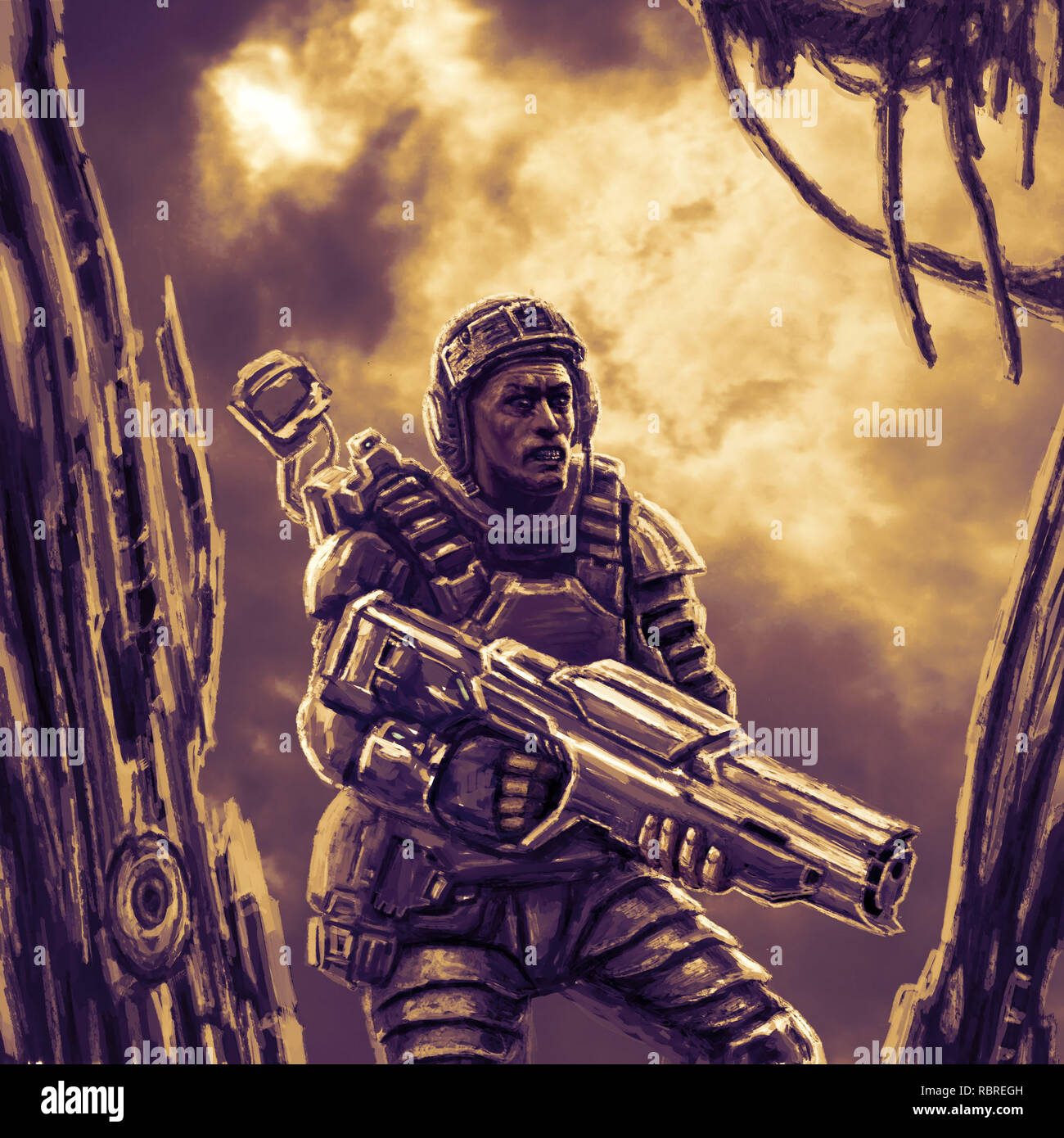 Space trooper in suit with heavy gun researching remains of spaceship ...