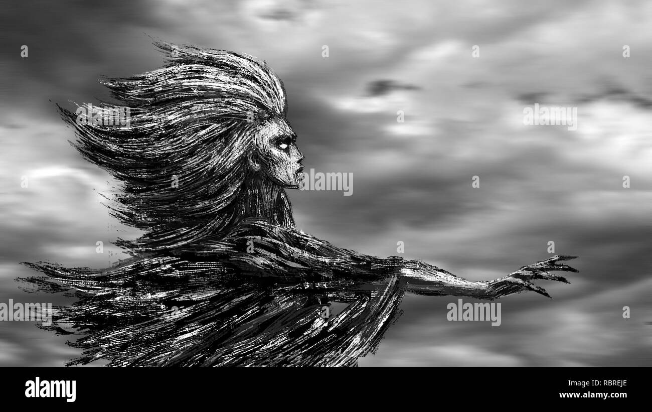 Goddess of the wind stands with an outstretched hand against the ...