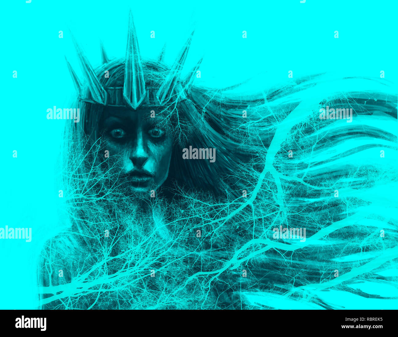 Forest queen with crown and flowing hair. Fantasy illustration in front ...