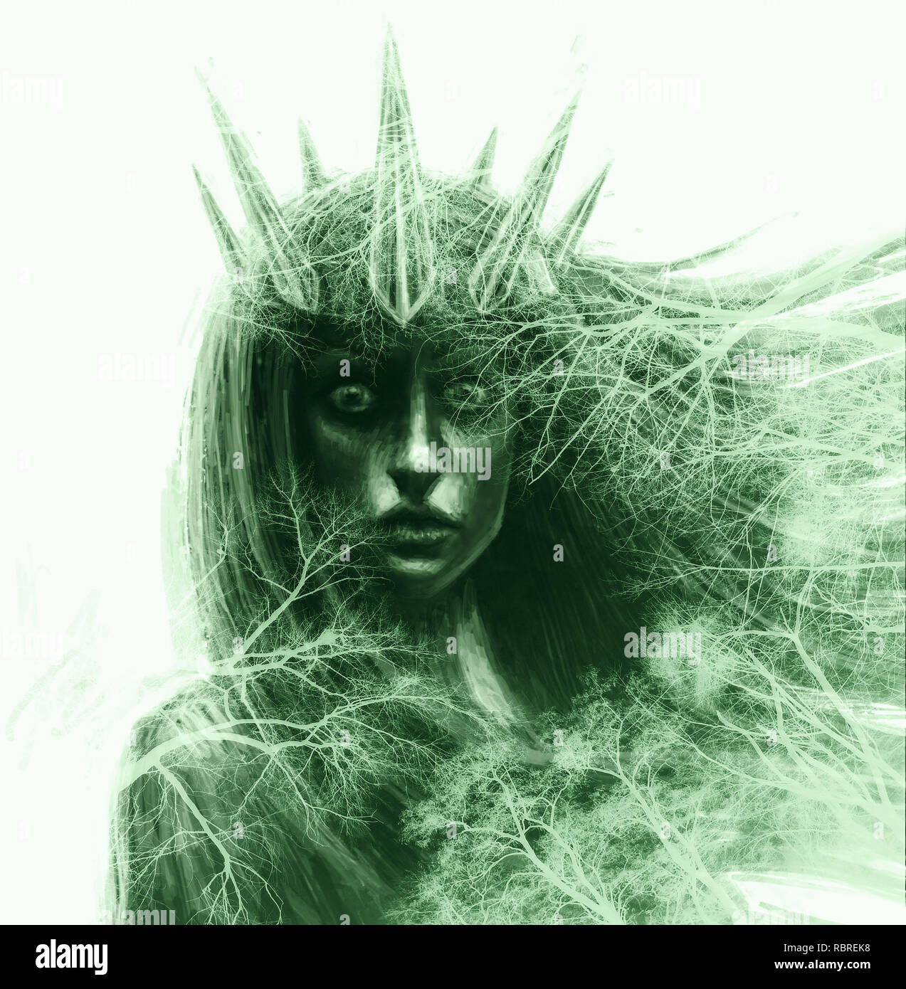 Forest queen with crown and flowing hair. Fantasy illustration in front ...