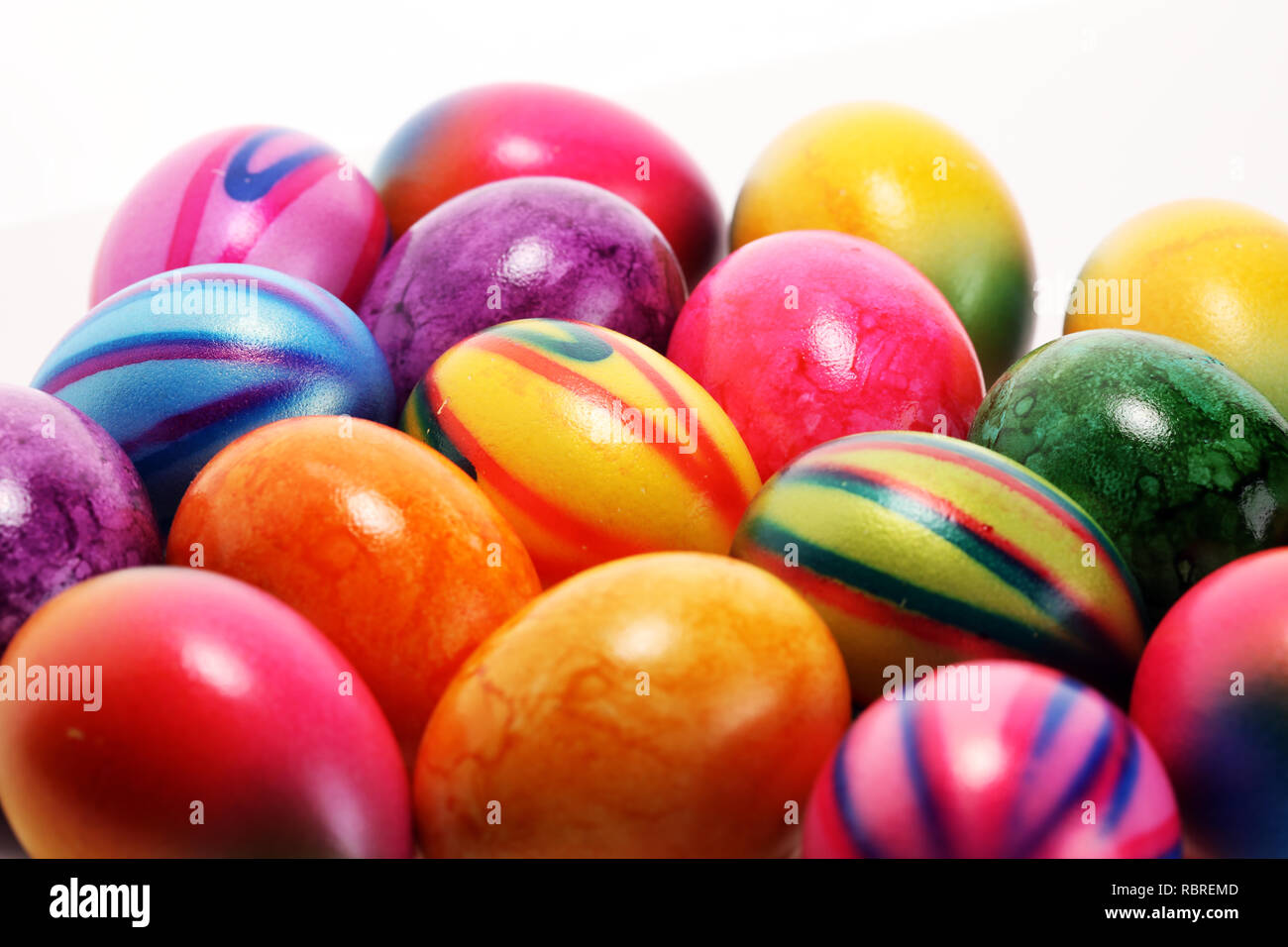 Row of Easter eggs on table. colorful easter decoration Stock Photo - Alamy