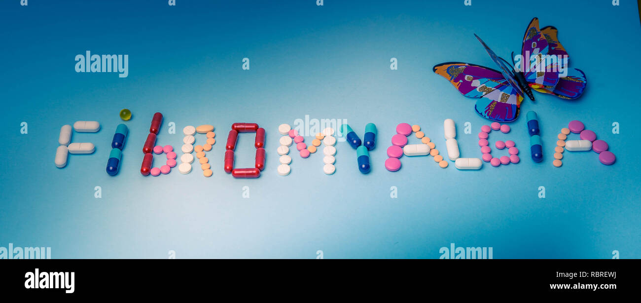The word Fibromyalgia written by colorful medicines, pills, drugs ...