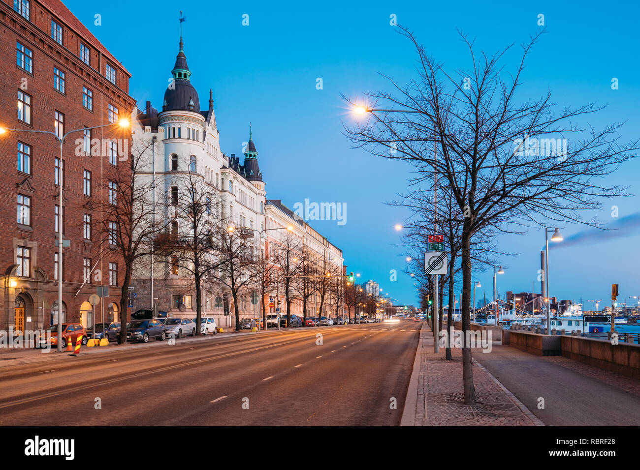 Helsinki, Finland. Night Traffic In Pohjoisranta Street In Night ...