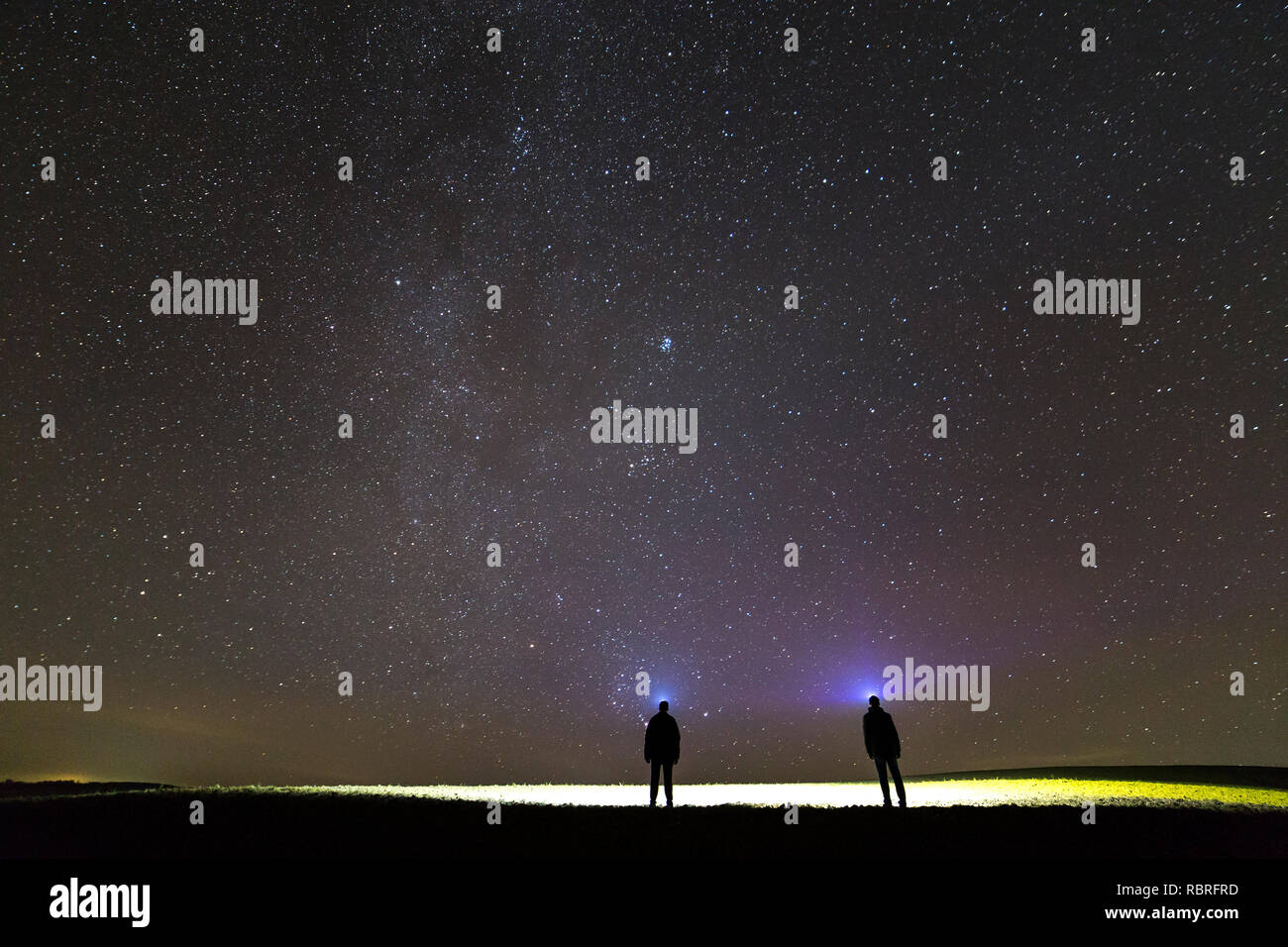Back view of two men with head flashlights on green grassy field under ...