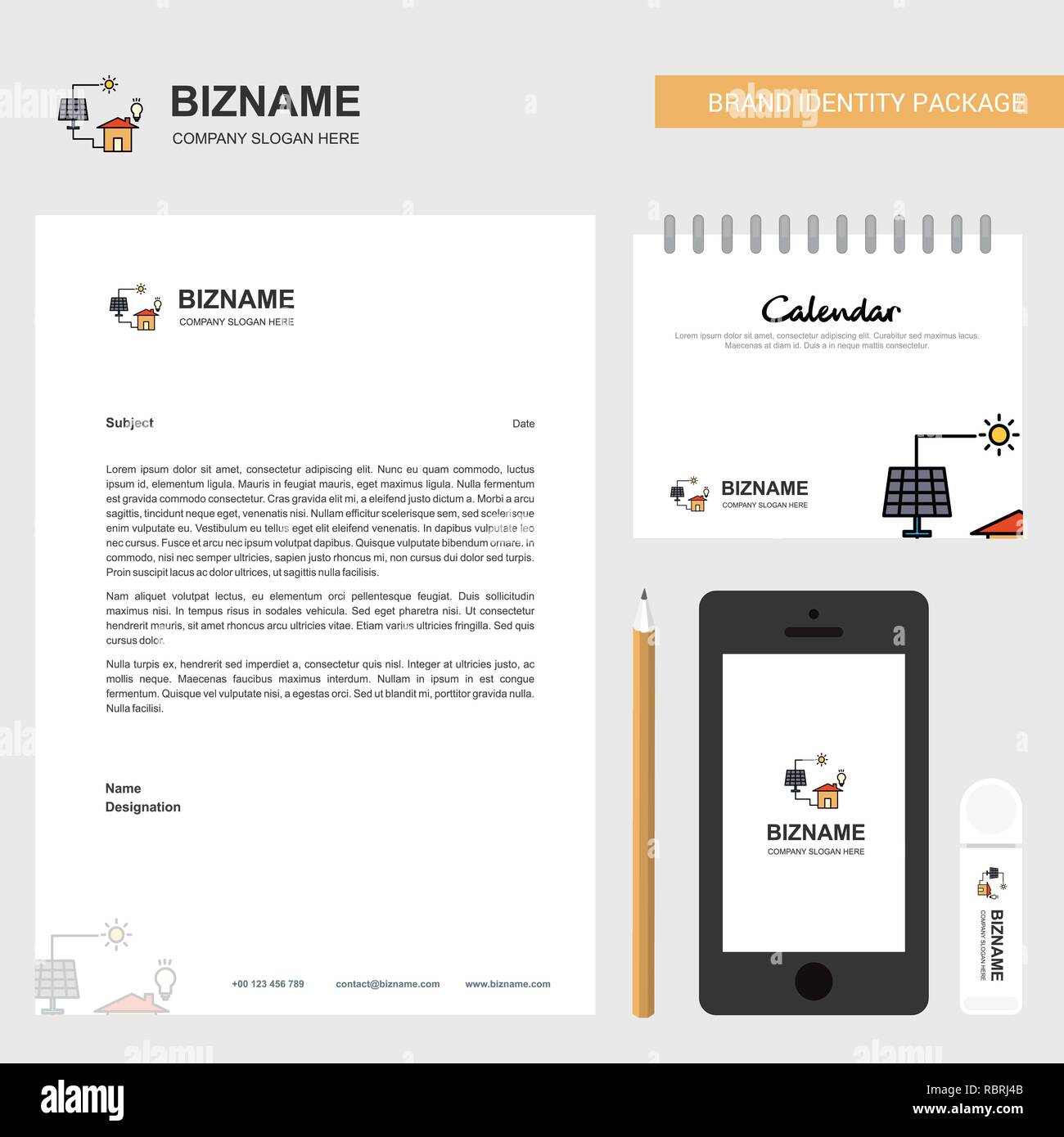 Solar panel Business Letterhead, Calendar 2019 and Mobile app design ...