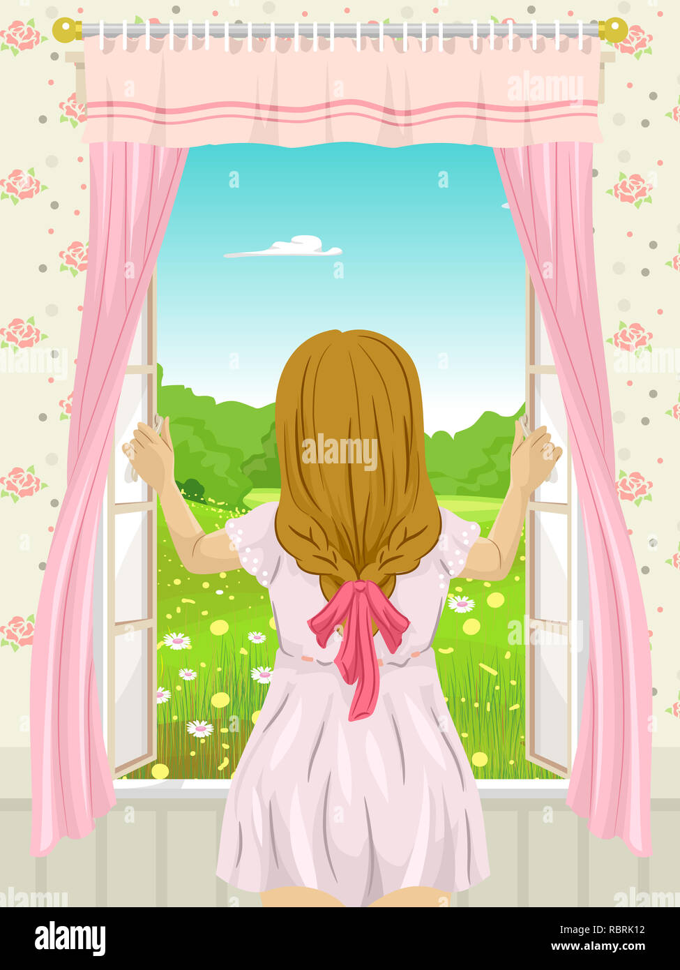Illustration of the Back of a Teenage Girl Opening a Window and Looking ...