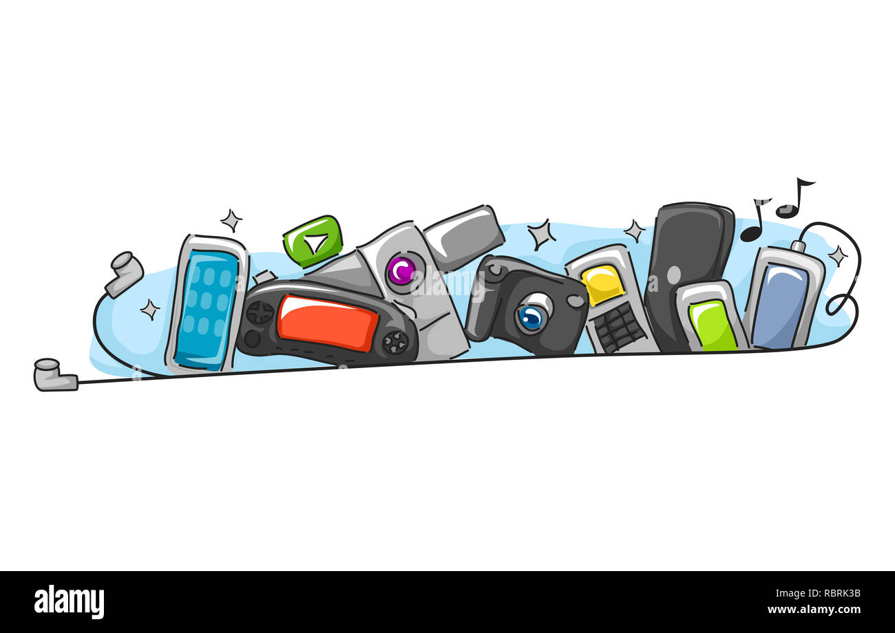 Illustration of Different Electronic Gadget Behind Earplugs From Mobile ...