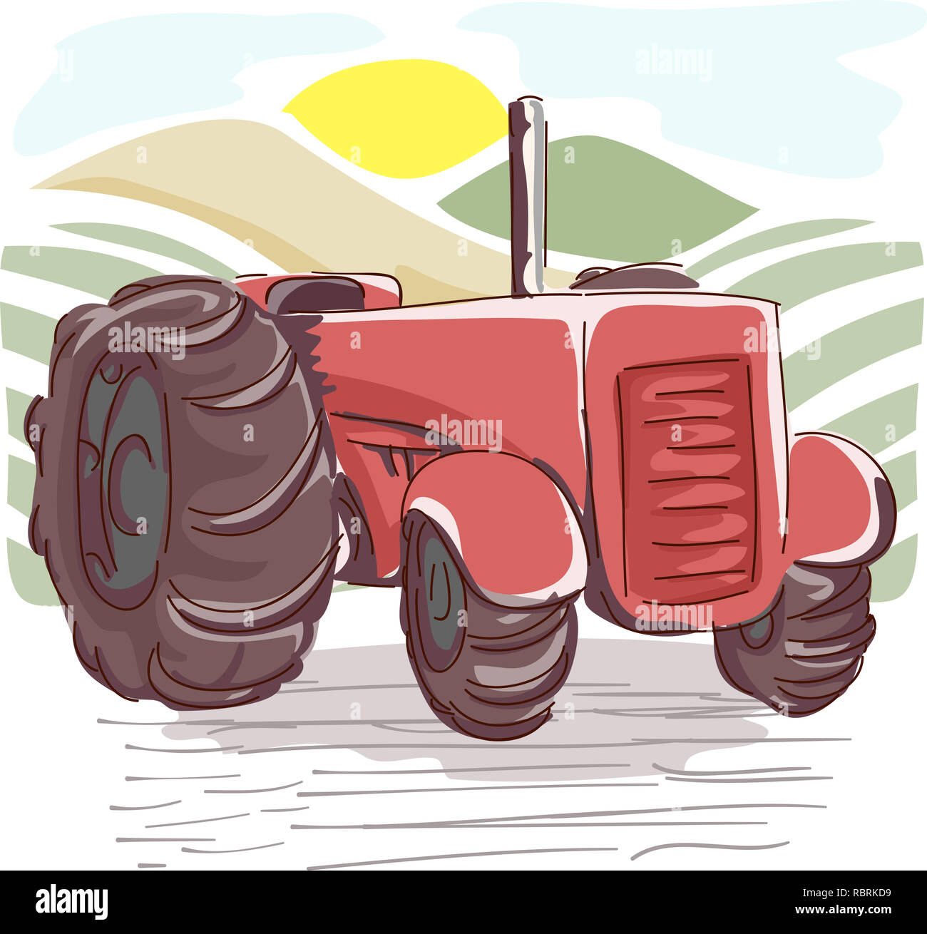 Illustration of a Red Farm Tractor in the Fields Stock Photo - Alamy