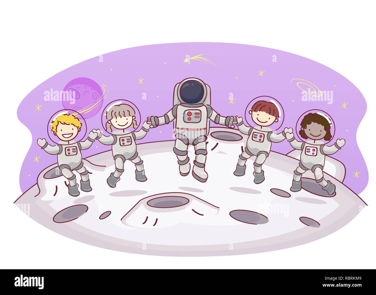 Illustration of Stickman Kids Astronaut Holding Hands and Floating on ...