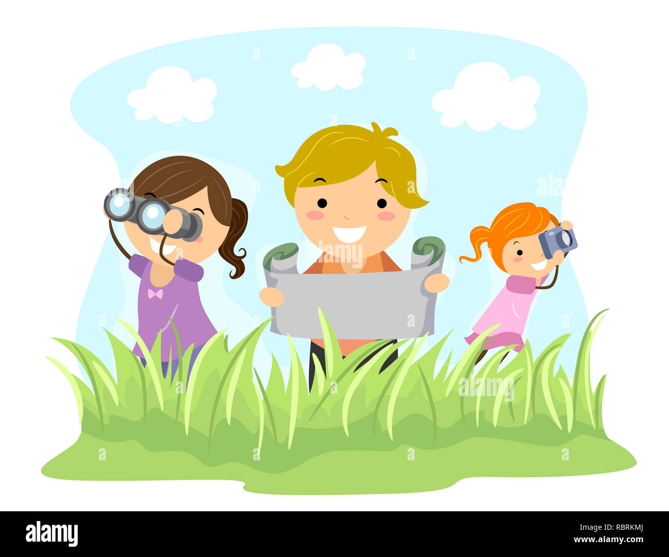 Illustration of Stickman Kids Holding Binoculars, Map and Camera ...
