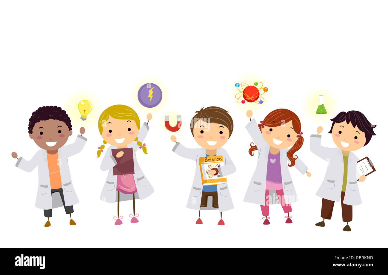 Illustration of Stickman Kids Wearing White Lab Gown with Physics ...