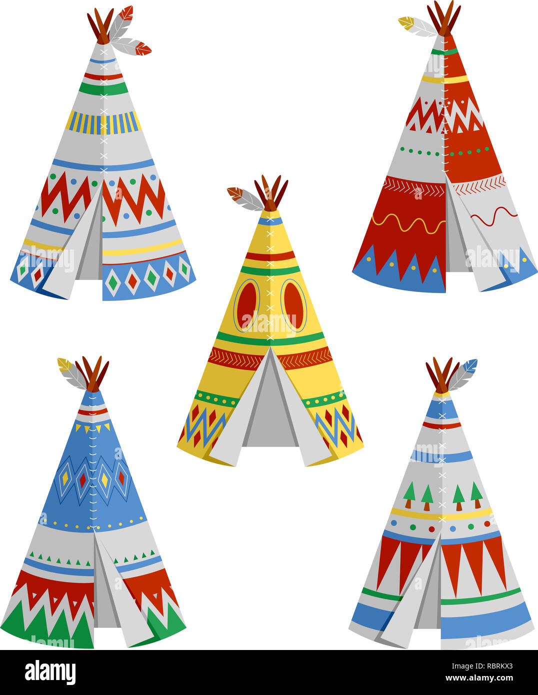 Illustration of Different Teepee Designs In Blue, Red, Gray, Yellow and ...
