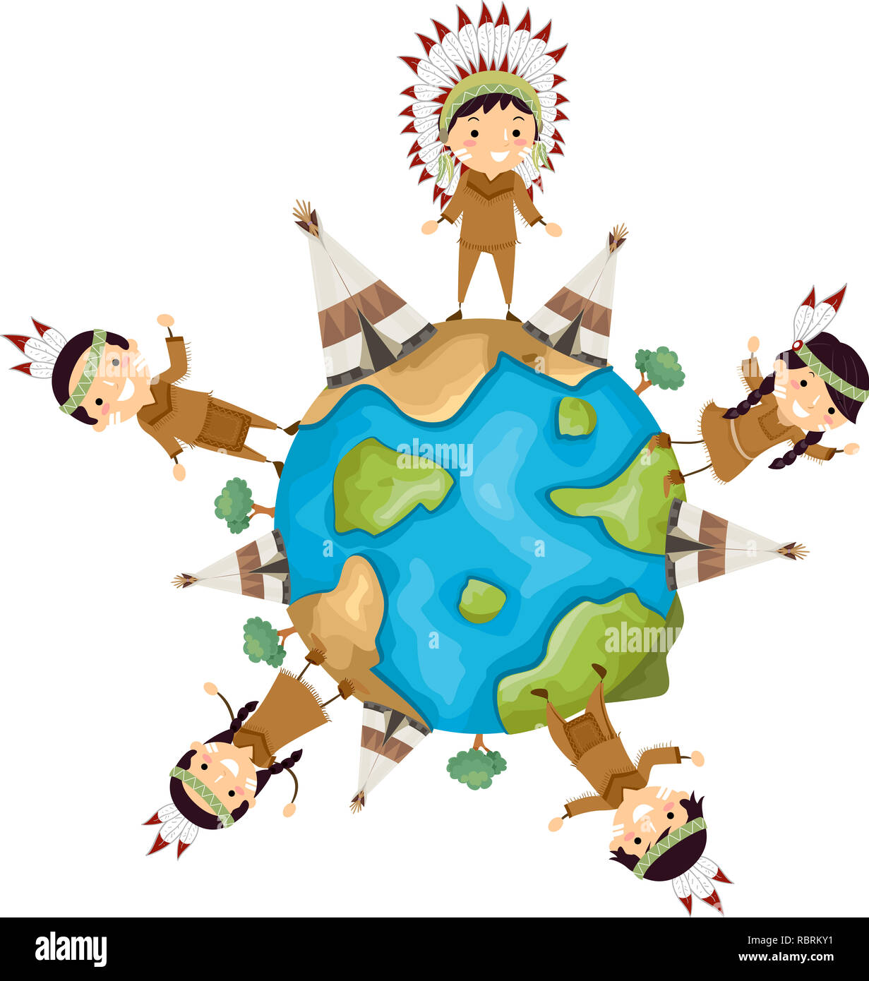 Illustration of Native American Stickman Kids with Tipi and Trees ...