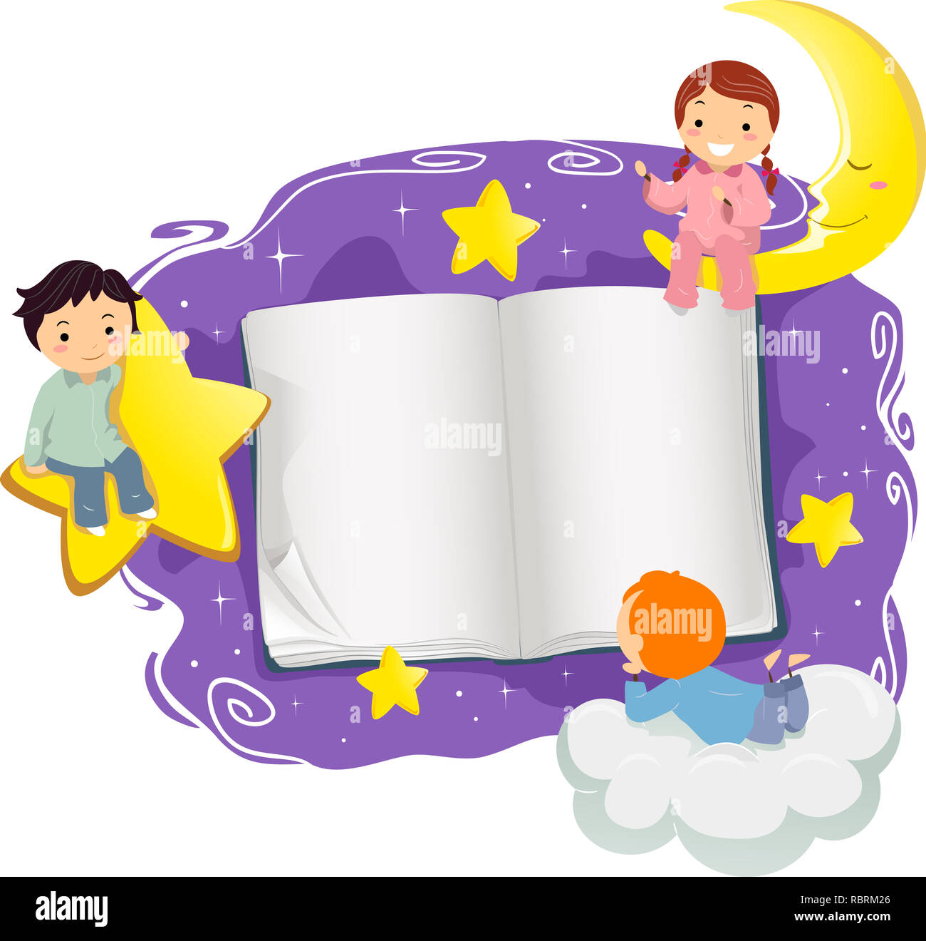 Illustration of Stickman Kids in Pajama with the Stars, Clouds, Moon ...