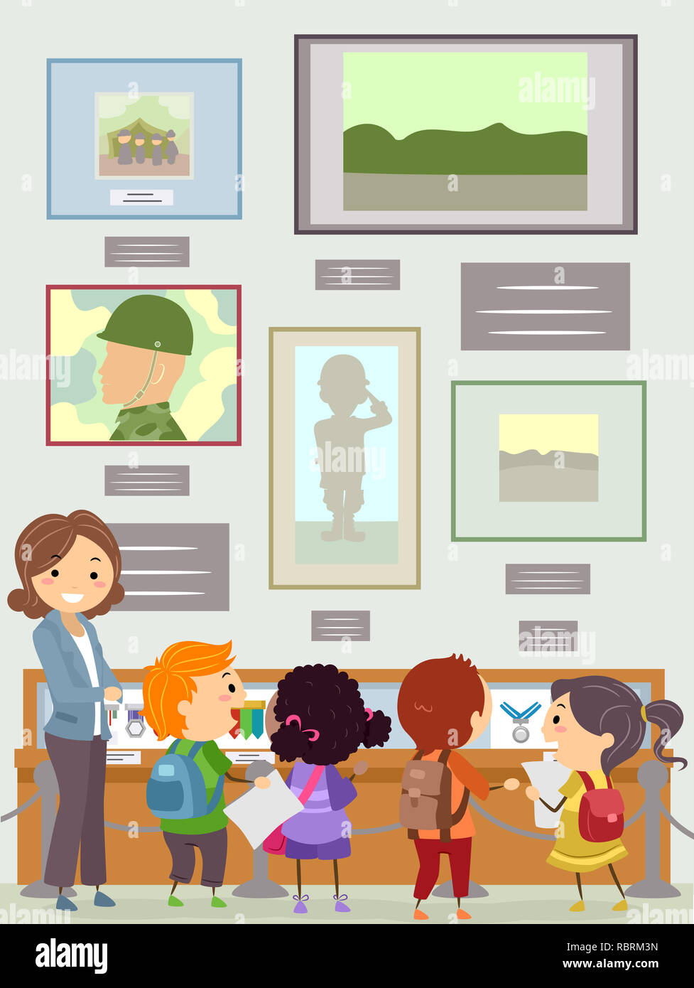 Illustration of Stickman Kids with Teacher Looking at Memorial Displays ...