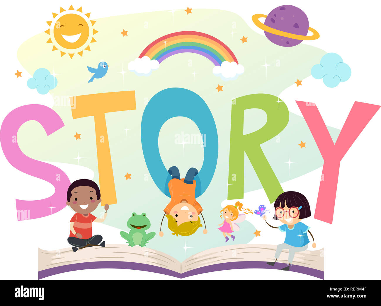 Illustration of Stickman Kids with an Open Story Book with the Sun ...