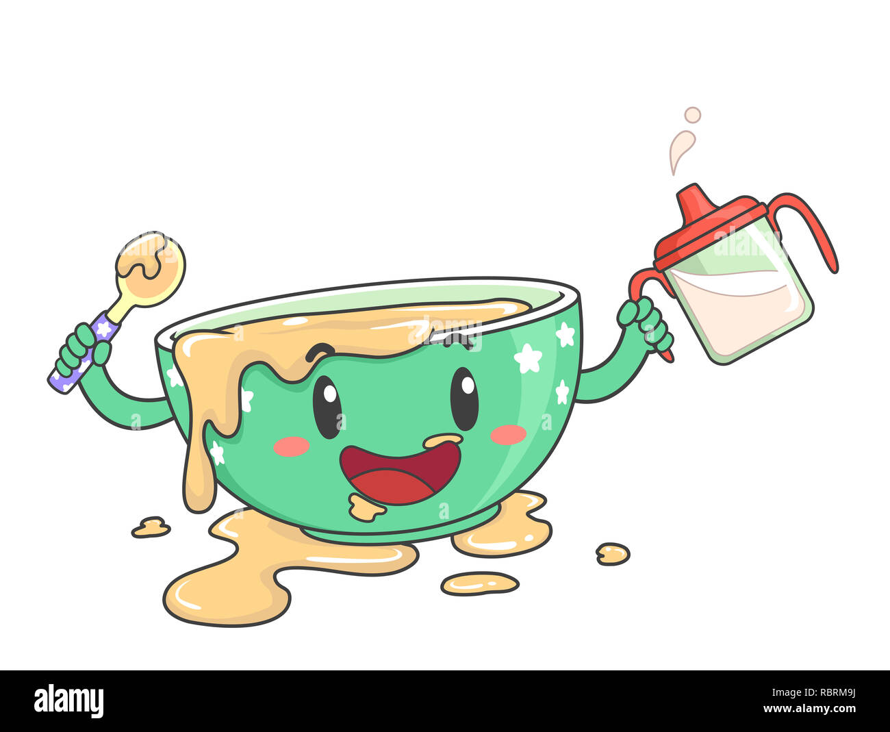 Illustration of a Messy Toddler Bowl Mascot Holding a Spoon and Sippy ...