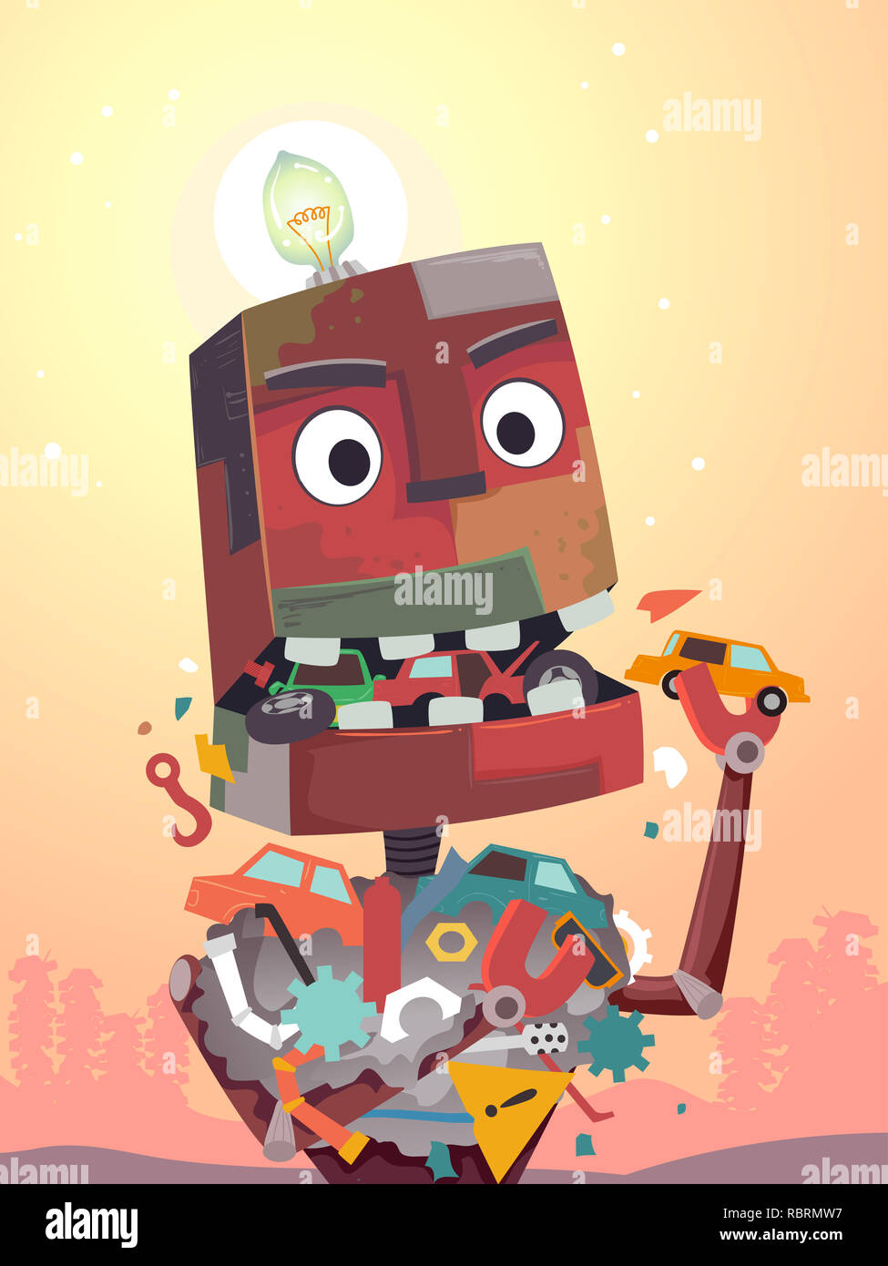 Illustration of a Robot Mascot Eating Scraps in the Junkyard Stock ...