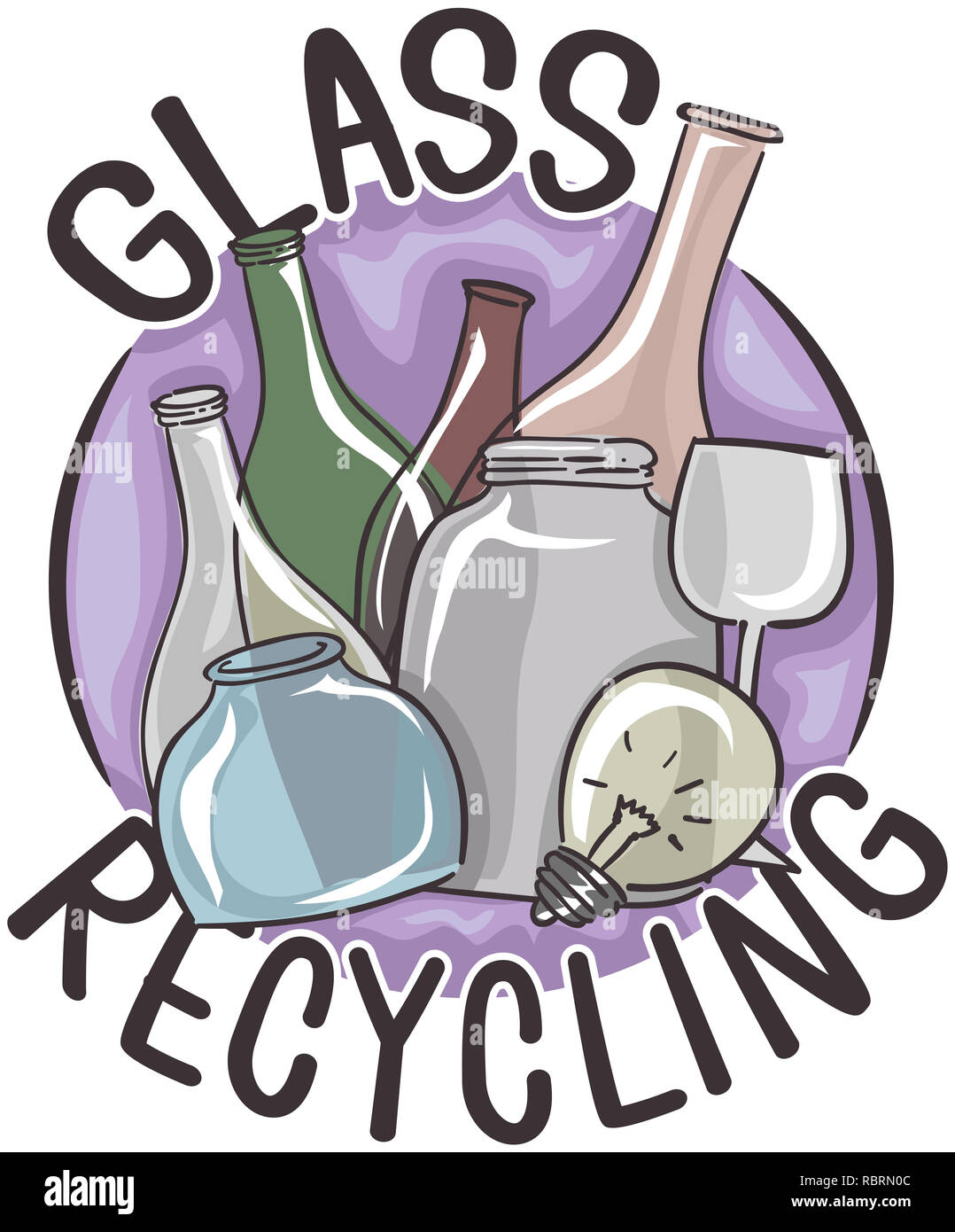 Illustration of Glass Recycling Icon with Different Bottles, Glasses ...