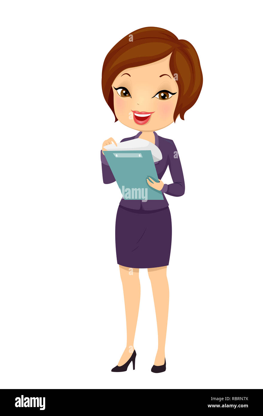 Illustration of a Business Girl Reviewing Files on Clipboard Stock ...