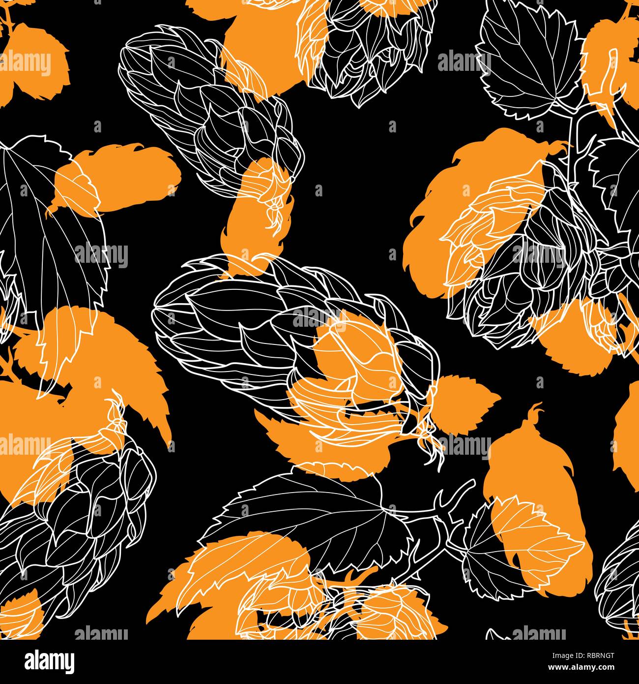 Hand drawn Hops Seamless pattern. Common hop or Humulus lupulus branch ...