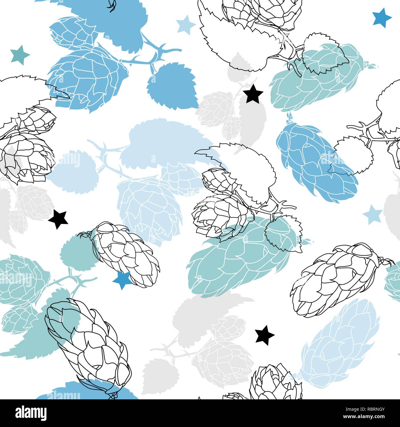 Hand drawn Hops Seamless pattern. Common hop or Humulus lupulus branch ...