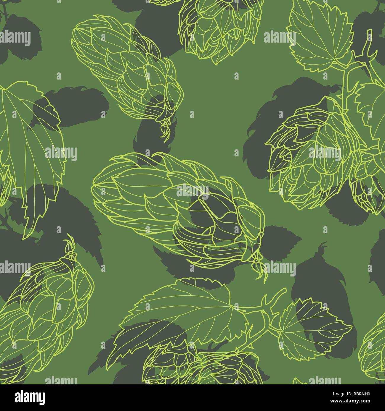 Hand drawn Hops Seamless pattern. Common hop or Humulus lupulus branch ...