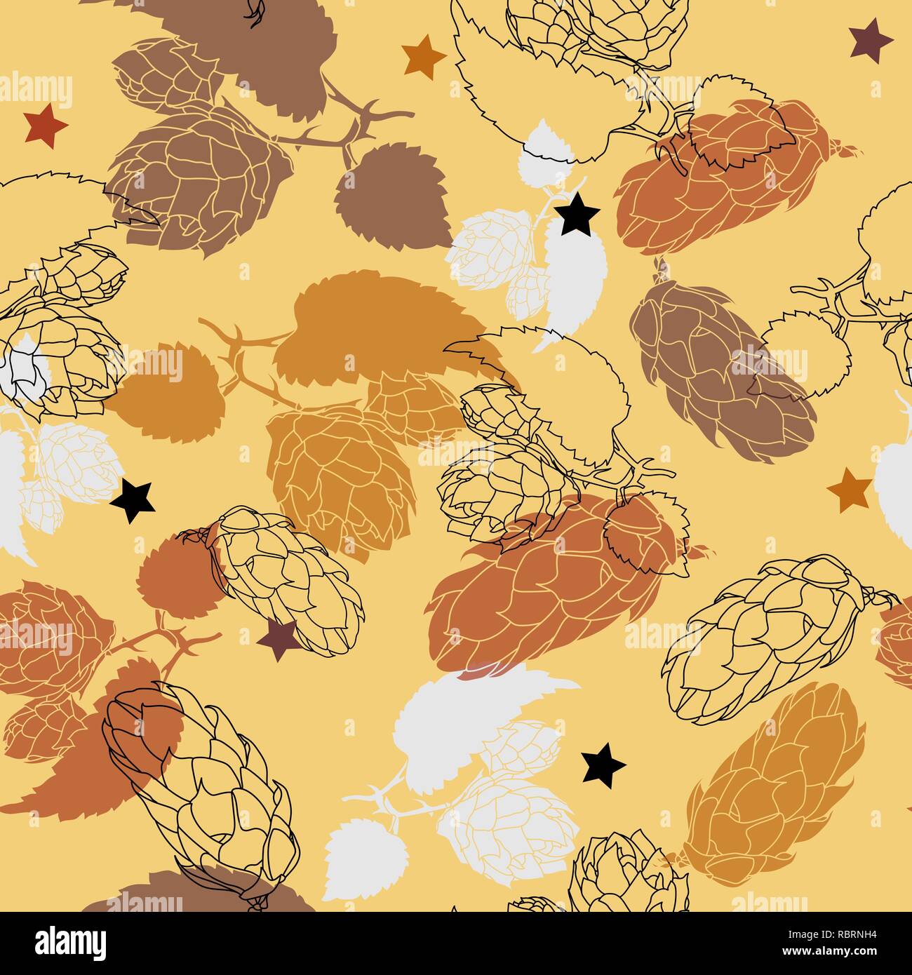 Hand drawn Hops Seamless pattern. Common hop or Humulus lupulus branch ...