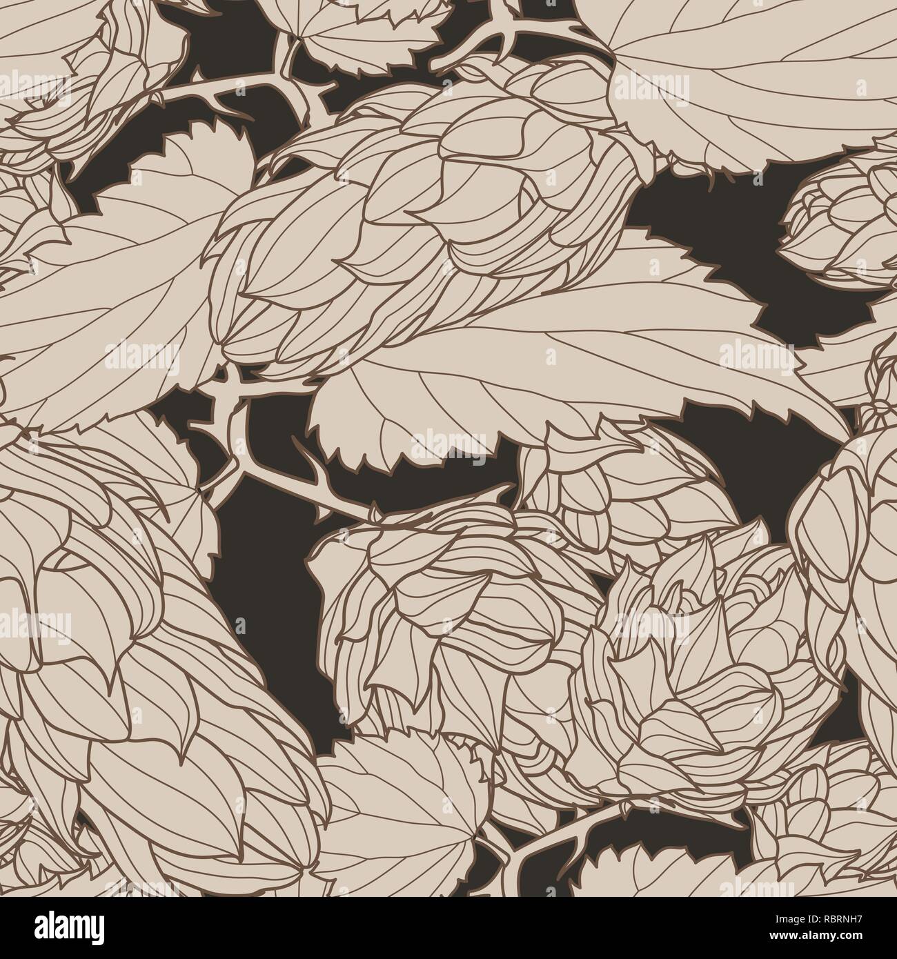 Hand drawn Hops Seamless pattern. Common hop or Humulus lupulus branch ...
