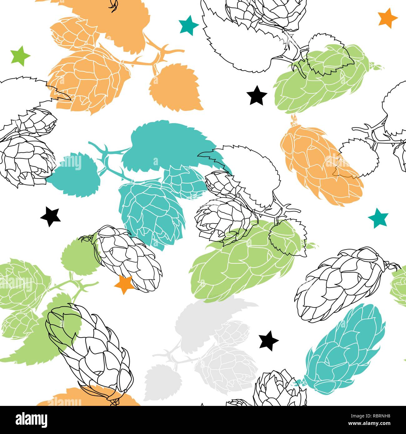 Hand drawn Hops Seamless pattern. Common hop or Humulus lupulus branch ...