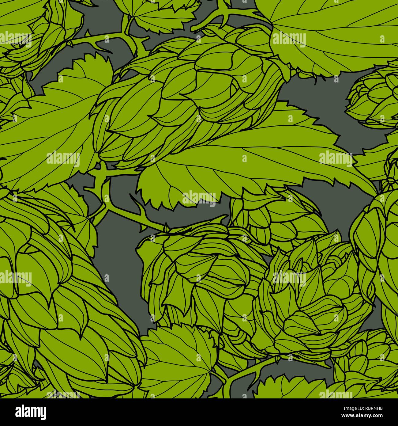 Hand drawn Hops Seamless pattern. Common hop or Humulus lupulus branch ...