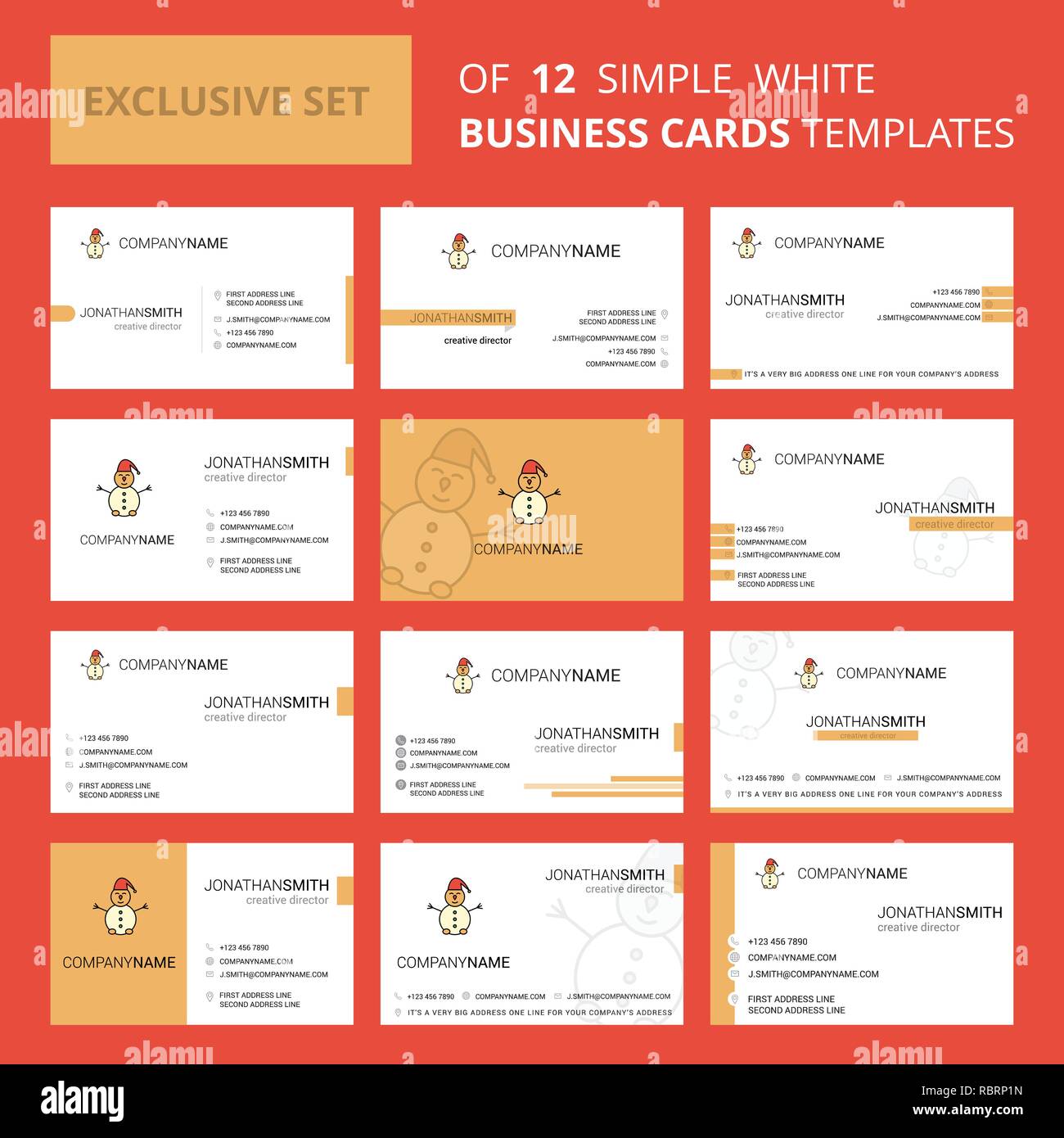 Set of 12 Snowman Creative Busienss Card Template. Editable Creative ...