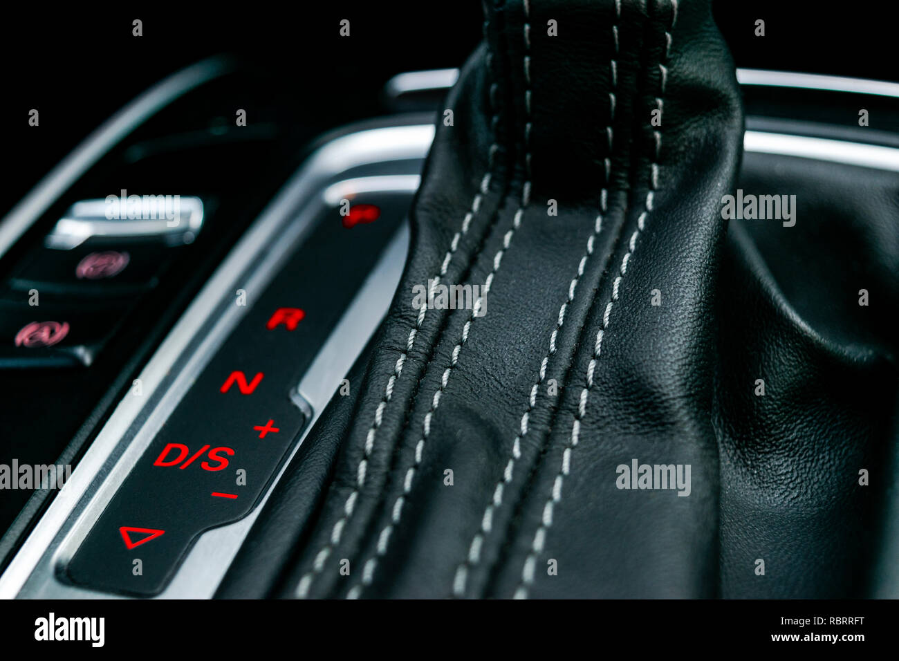 Automatic gear stick of a modern car. Maodern car interior details. Close up view. Car detailing ...