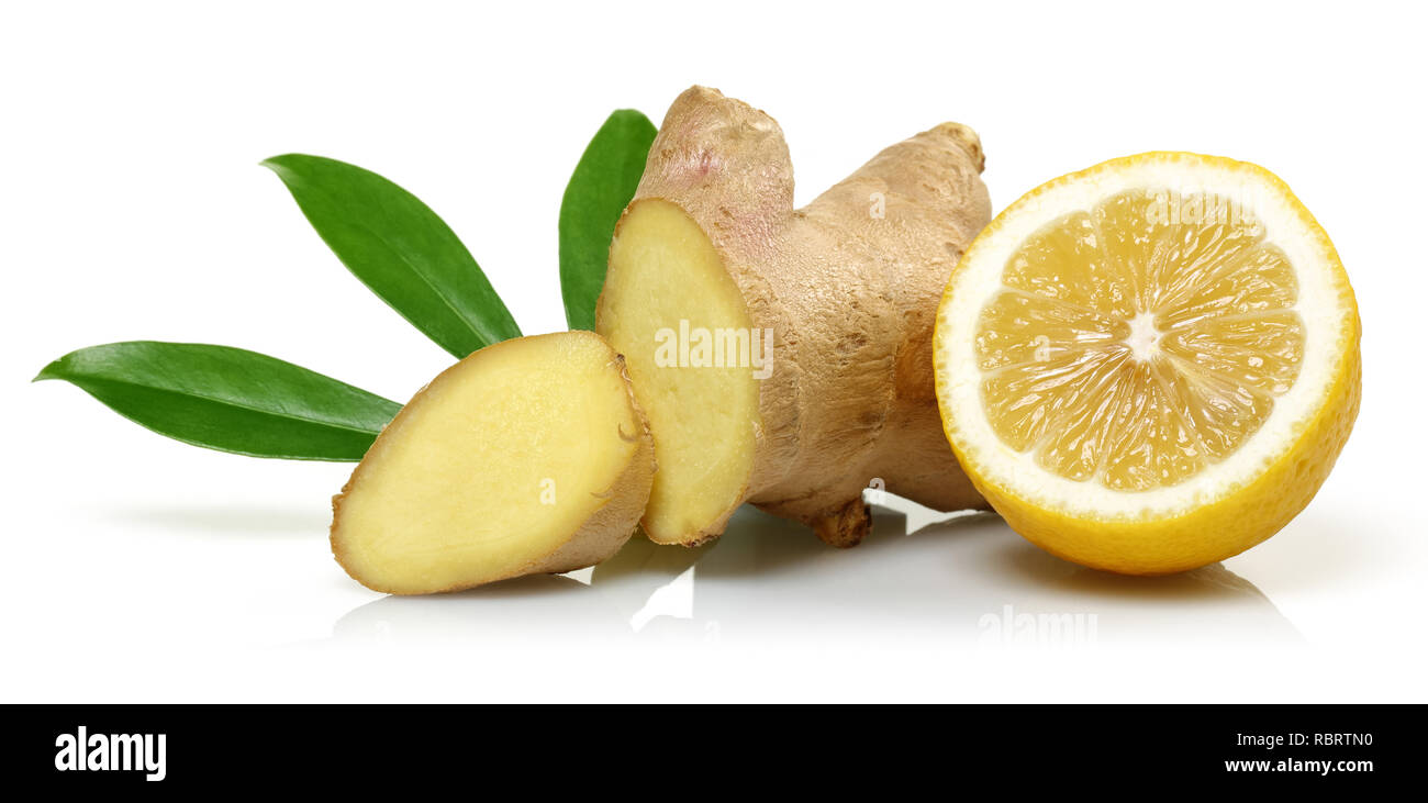 Fresh ginger and lemon with leaves isolated on white background Stock ...