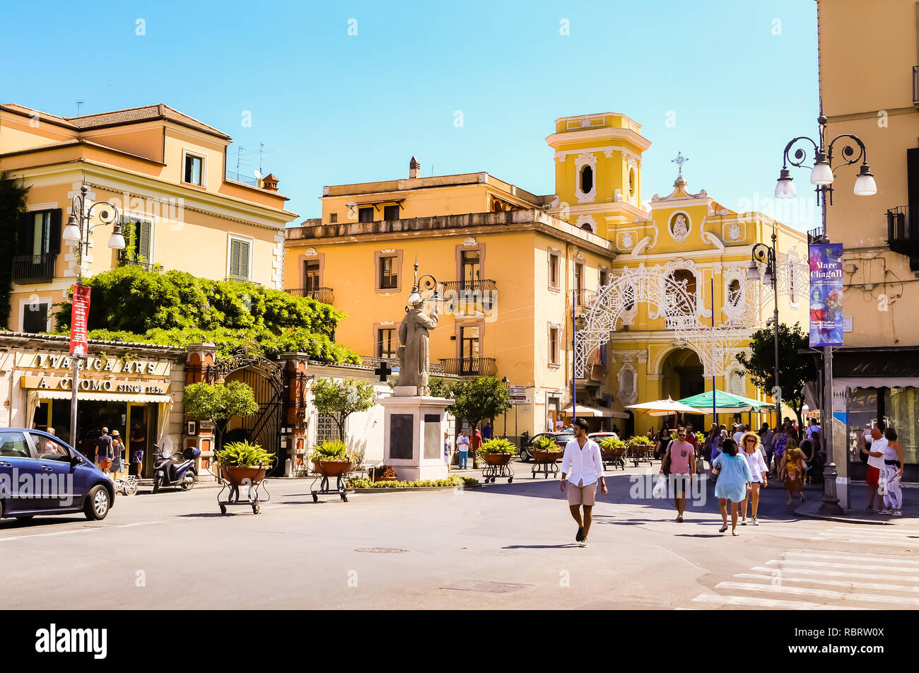 Piazza Tasso in Sorrento. Sant Antonio Abate Monument at Central Square ...