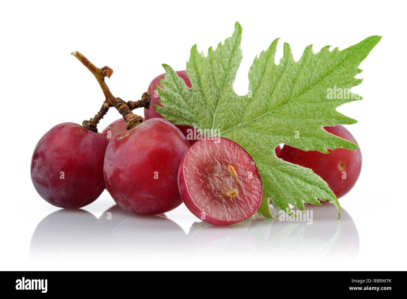 Red grapes and half grape with leaf isolated on white background Stock ...
