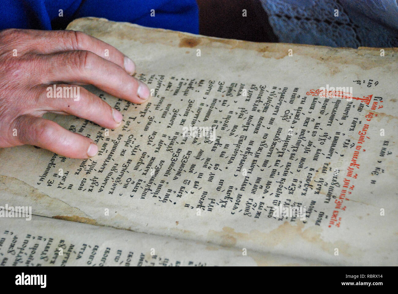 ancient, antique Holy Bible in old Slavonic language in the hands Stock ...